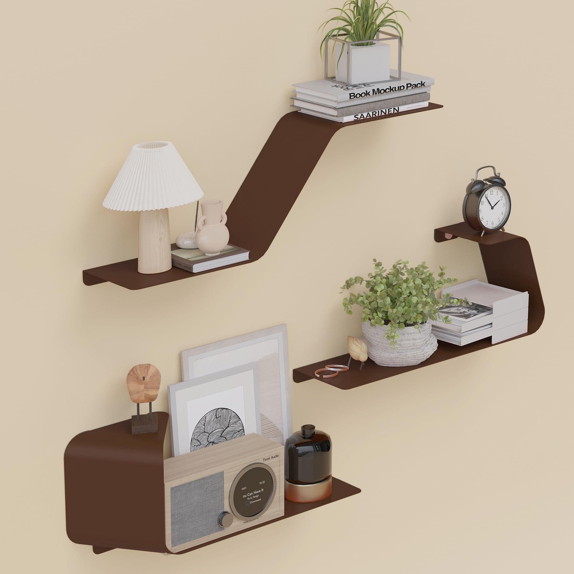 Sttoraboks Floating Shelves, Wall Shelf, Set of 3 Wall Mounted Metal Shelves with Unique Design for Wall Storage, Book Shelf, Display Shelves for Bathroom Bedroom Living Room for Home Brown