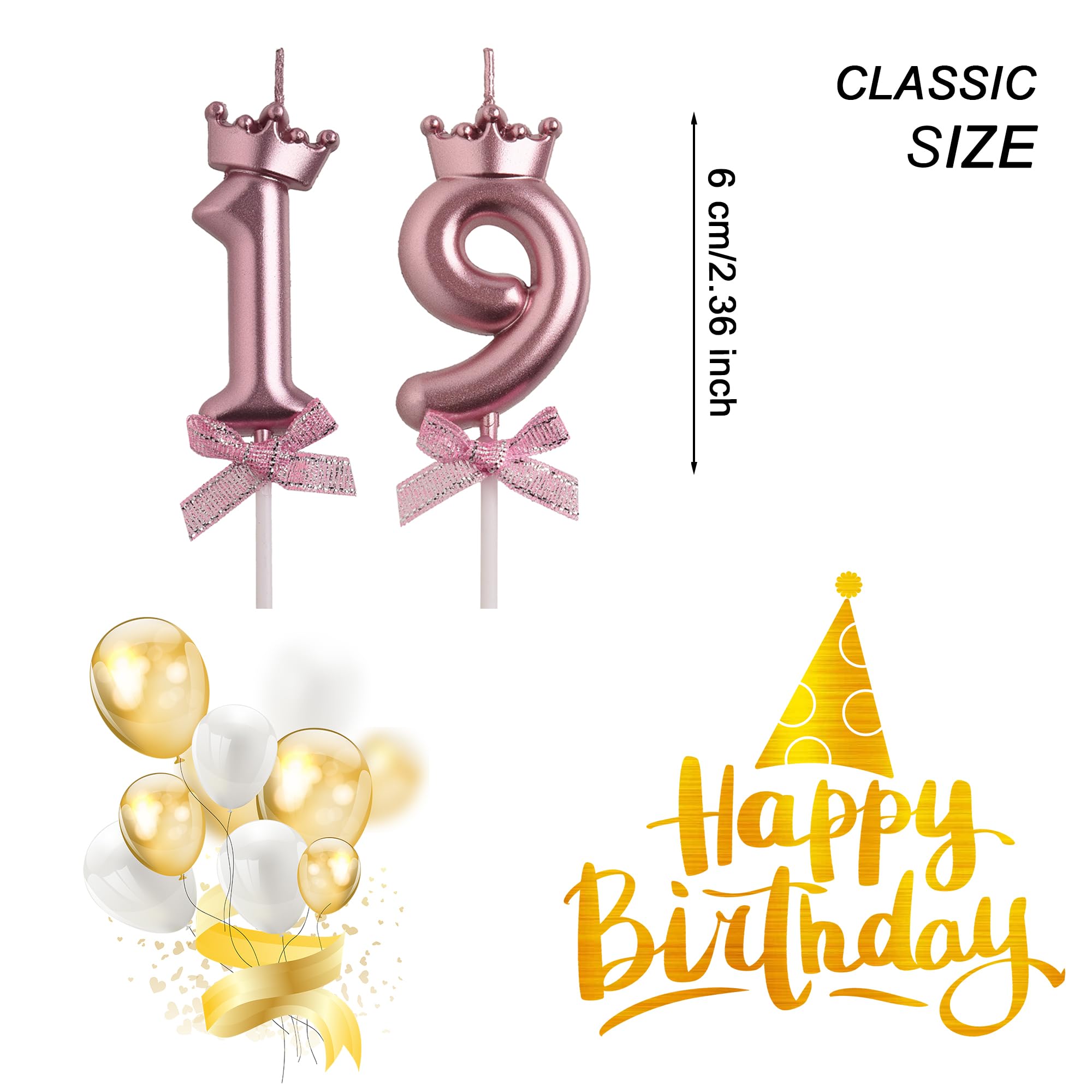 AOOLADA 19th Birthday Candles, Rose Gold 3D Number 19 Happy Birthday Candle with Crown, Cake Topper Decorations for Teenagers Boys Girls