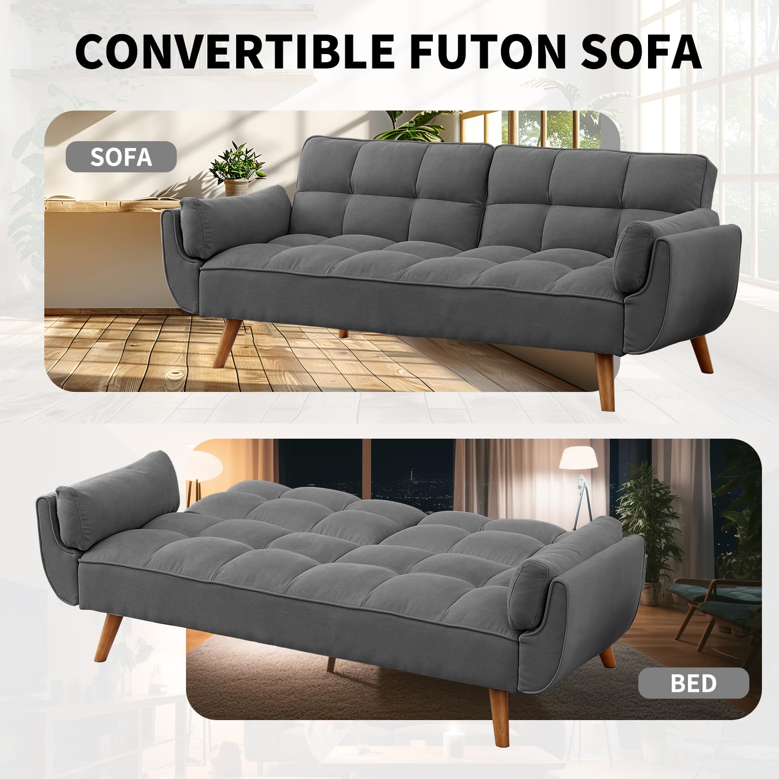 Homies Life Convertible Futon Sofa Bed, Linen Sleeper Couch, 75" W Modern 3 Seater Tufted Sofa with Solid Wood Legs and Adjustable Backrests for Small Spaces, Living Room, Bedroom, Dark Gray