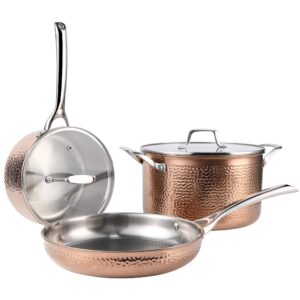 cyrder stainless steel pots and pans set, luxury tri-ply hammered kitchenware cookware with lids, heavy duty & non-toxic rose gold special hammered pattern detail, 5-piece