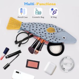 elephtree Fish Shape Novelty Pencil Case Fish Pen Bag Fish Coin Purse Funny Pencil Pouch with Simulated Fishbone Lining