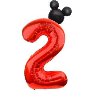 lebery mouse number 2 balloon 40 inch red number 2 balloon mini mouse head balloon for 2nd birthday party, black red large number 2 foil balloon for baby shower anniversary supplies decorations