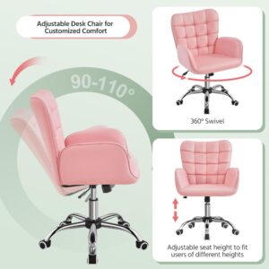 Yaheetech Faux Leather Office Chair Modern Vanity Chair Ergonomic Adjustable Makeup Chair with Padded Armrests Big Seat for Office, Study, Home, Pink