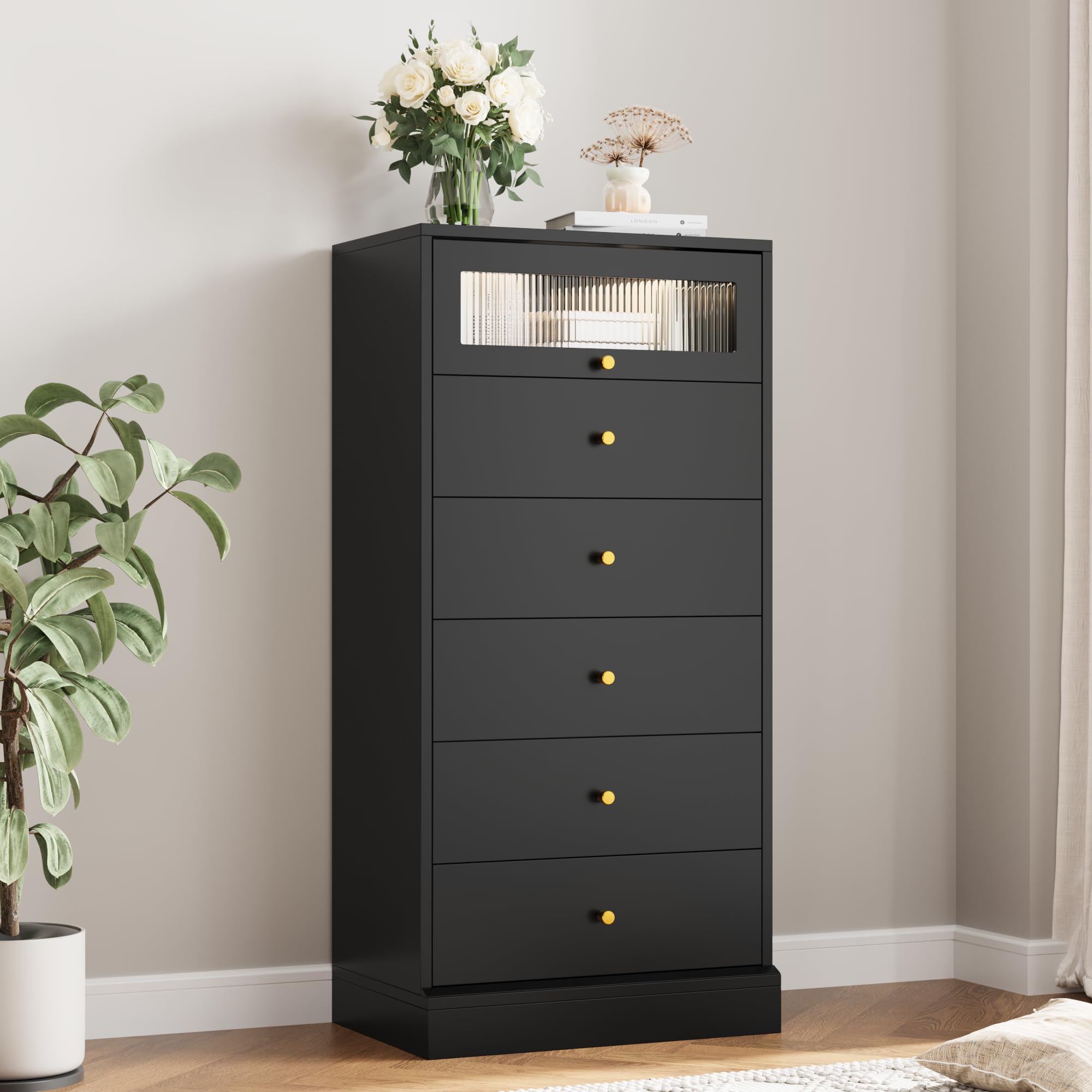 FINETONES 6 Drawer Dresser Black Dresser, 51'' Tall Black Dresser Black and Gold Dresser with Exquisite Glass Door, Modern Dresser Gold Dresser, Thickened Board Sturdy Dresser for Home