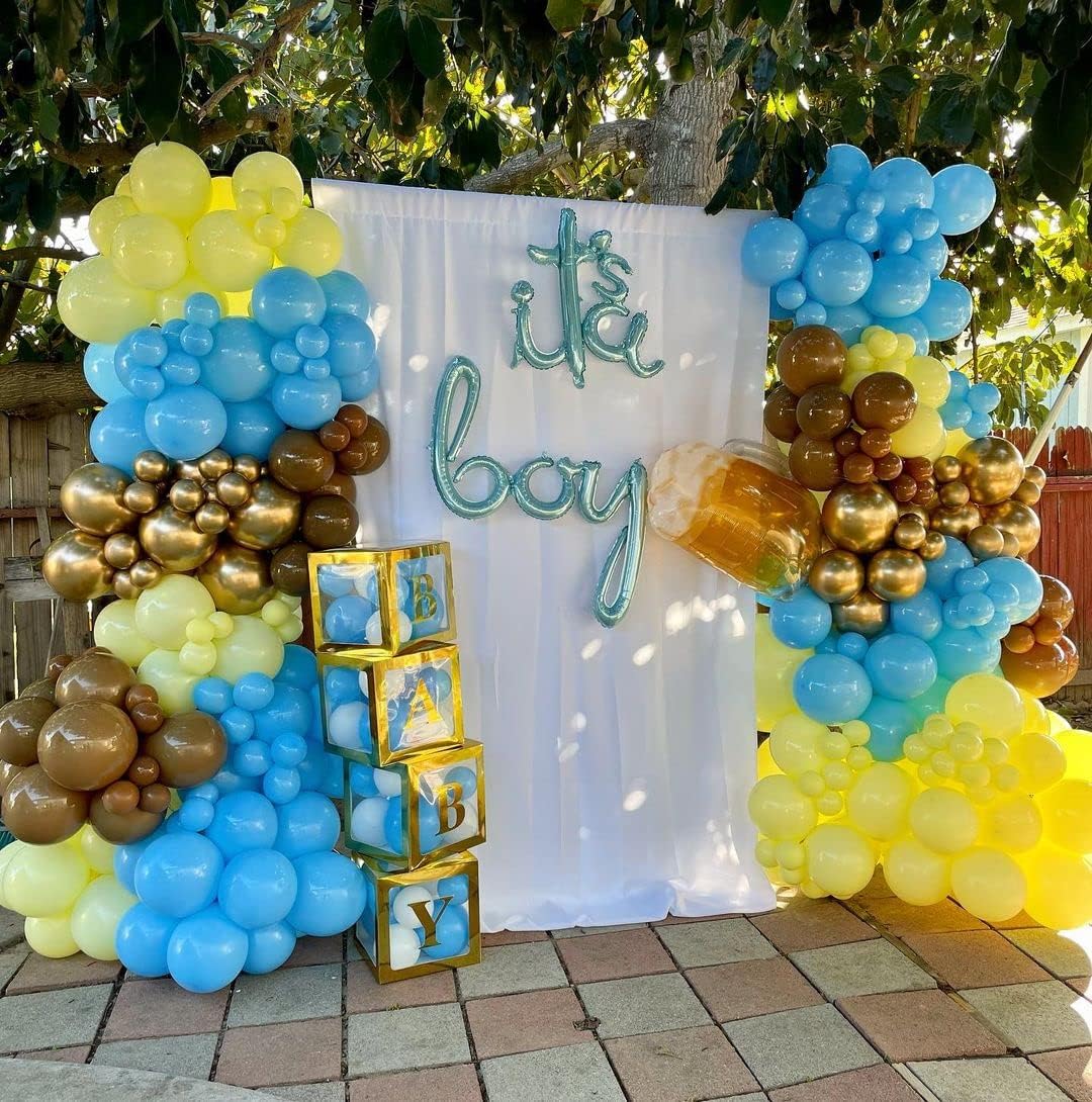 Baby Boxes with Letters - ZHMYBLN Letter Blocks Boxes with 65 Letters & Numbers, 6 Balloon Boxes for Baby Showers & Gender Reveal Parties, Reusable Birthday Decoration Boxes with 48 Balloons