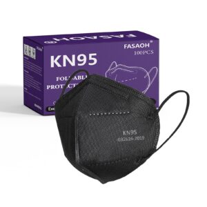 fasaoh kn95 face masks 100 pcs, 5-ply kn95 black masks,breathable protection masks, individually wrapped, cup dust safety mask