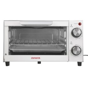 aiwa 750w toaster oven 4 slice with baking tray, bake toast cook and broil, temperature control, 60 minute timer knob, automatic shutoff, baking tray and crumb tray included