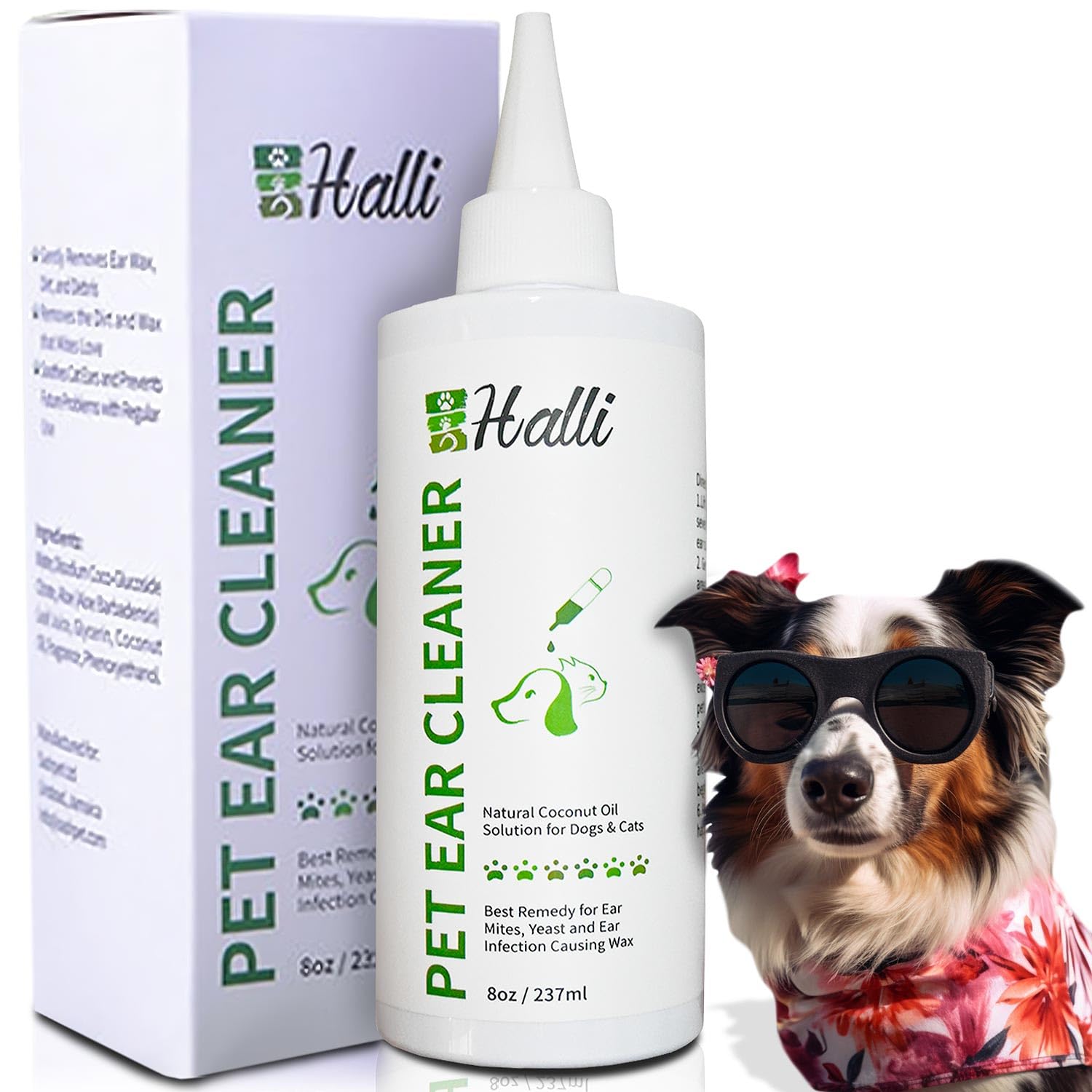 HALLI Jamaican Inspired Plant-Based Dog Ear Cleaner with Coconut Oil and Aloe Vera - Wax-Dissolving, Gentle Formula, Mild Scent - Large 8 oz Bottle