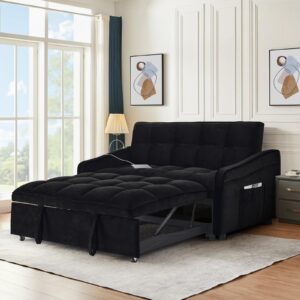 3 in 1 sleeper sofa couch bed with usb & type c port, 52" small modern convertible tufted velvet loveseat sofa w/pull out bed for living room small space apartment, black