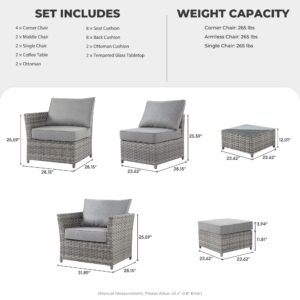 CAODOC 12 Pieces Outdoor Furniture Patio Sectional Sofa Couch Gray PE Wicker Conversation Sets with Ottomans Glass Coffee Table for Garden Poolside Backyard