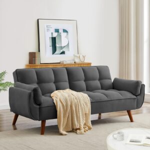 Homies Life Convertible Futon Sofa Bed, Linen Sleeper Couch, 75" W Modern 3 Seater Tufted Sofa with Solid Wood Legs and Adjustable Backrests for Small Spaces, Living Room, Bedroom, Dark Gray