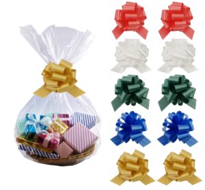 wowfit cello bags with gift wrap bows,10 ct 24x30 clear cellophane bags wiht 6" pull bows perfect for gift baskets, presents, weddings, bridal/baby showers