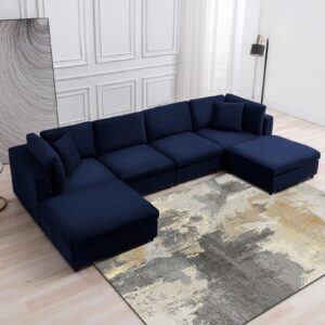 mjkone 144'' oversized u shape sectional sofa couch with reversible ottoman. 6 pieces modular sofa couch with 2 free cushions. free combination, living room furniture, deep blue