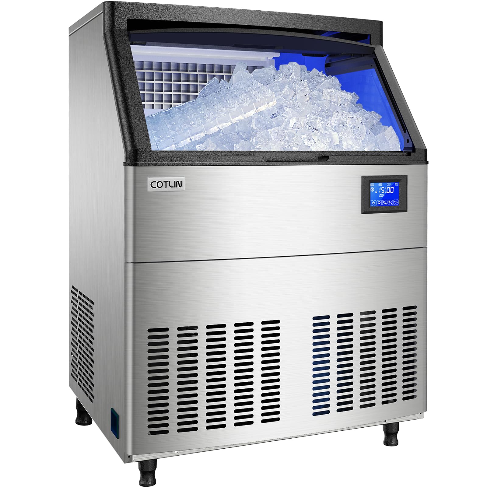 COTLIN Commercial Ice Maker Machine 320LBS/24H with 100LBS Storage Bin, 26” Air Cooled Under Counter Ice Machine with 10LBS Ice Bags Freestanding Clear Cube Ice Maker for Home Bar Restaurant, 115V