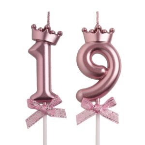 aoolada 19th birthday candles, rose gold 3d number 19 happy birthday candle with crown, cake topper decorations for teenagers boys girls