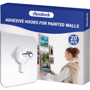 aweshock wall hangers without nails, 20p seamless screws for wall, picture hanging hooks for bedroom, adhesive wall hangers for bathoom and frame hangers without nails for office, maximum load of 13lb