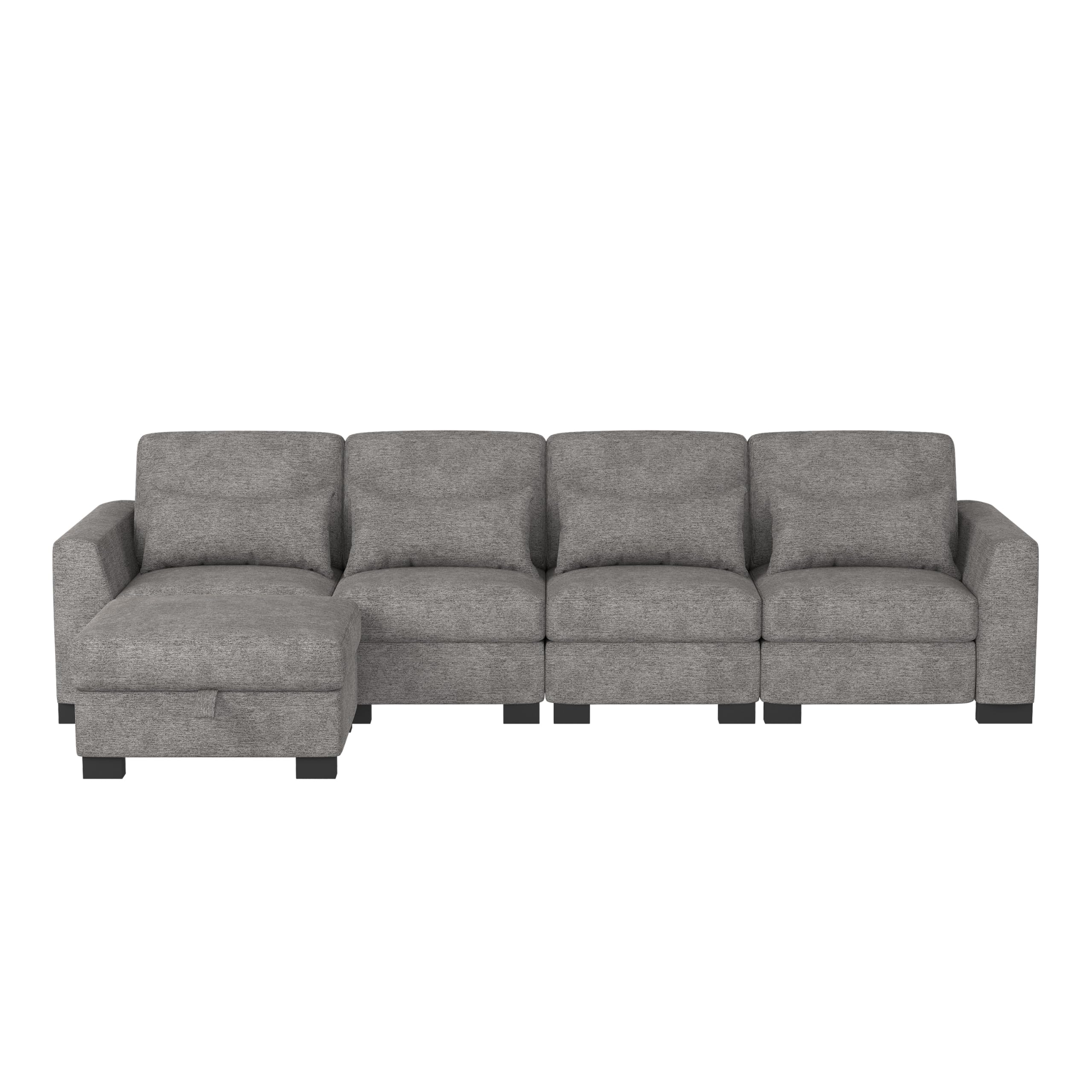 Lonkwa Modern Grey 130'' L-Shape Linen Sofa, 4 Seat Sectional Couch with 4 Pillow, Storage Ottomans, Convertible Sofa Bed for Living Room