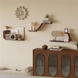 Sttoraboks Floating Shelves, Wall Shelf, Set of 3 Wall Mounted Metal Shelves with Unique Design for Wall Storage, Book Shelf, Display Shelves for Bathroom Bedroom Living Room for Home Brown