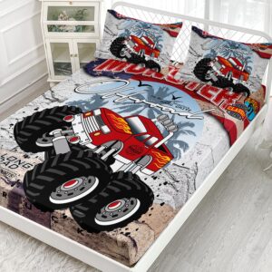 AILONEN Red Trucks Fitted Sheet Twin Size, 3D Print Monster Truck Bedding Set for Kids Boys Teen,American Flag Bed Sheet Set,Speed Race BedSheets Set,1 Fitted Sheet and 2 Pillowcases,3 PCS