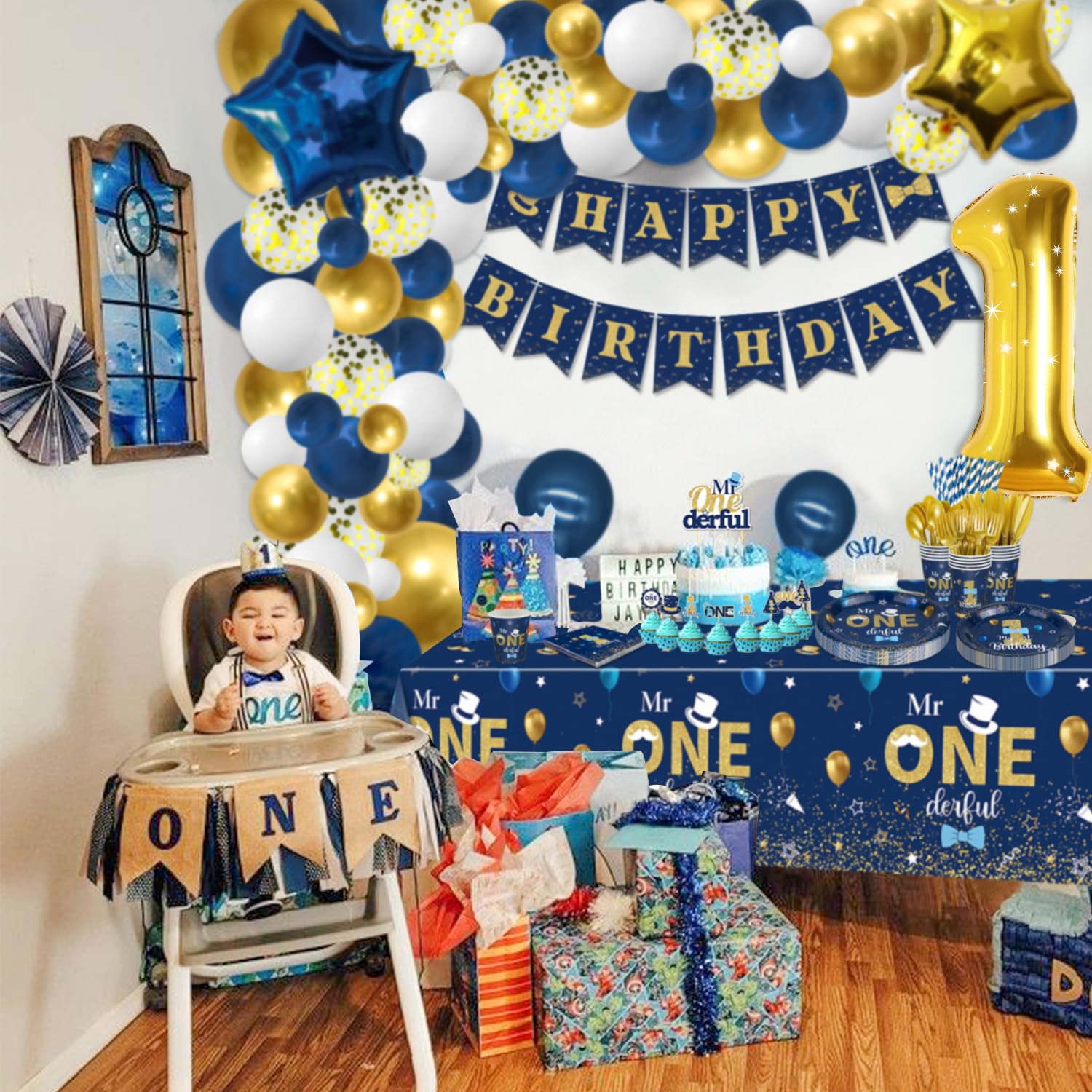 232 PCS Mr Onederful Birthday Decorations - Blue Gold Birthday Plates, Napkins, Cups, Balloons, Birthday Banner, Cake Topper and Tablecloth for Baby Shower 1st Birthday Boy Decorations, Serve 20