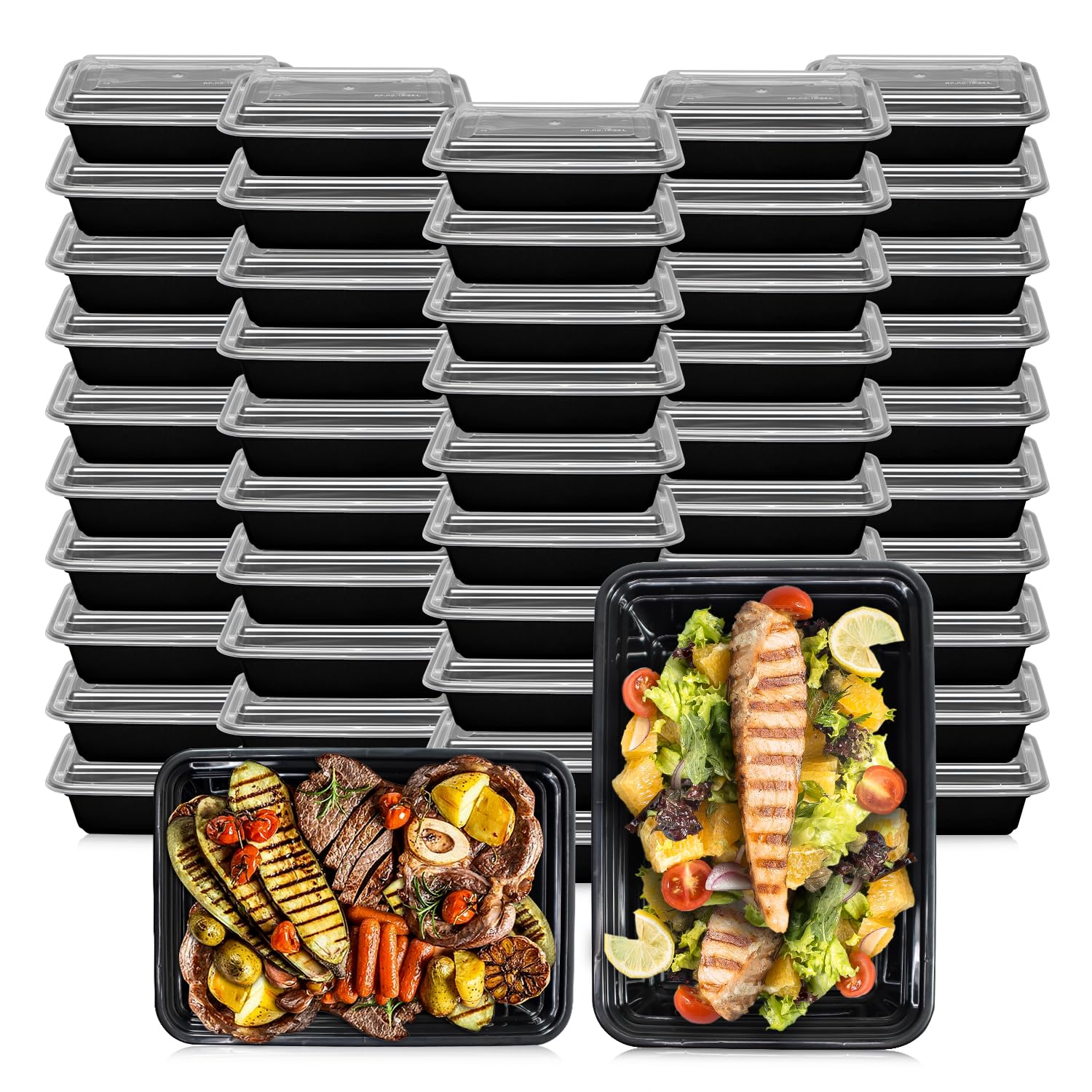 Klex Meal Prep Containers with Airtight Lids, BPA Free, Reusable Plastic Food Container, 16 oz, Rectangular, Black/Clear, 50 Sets