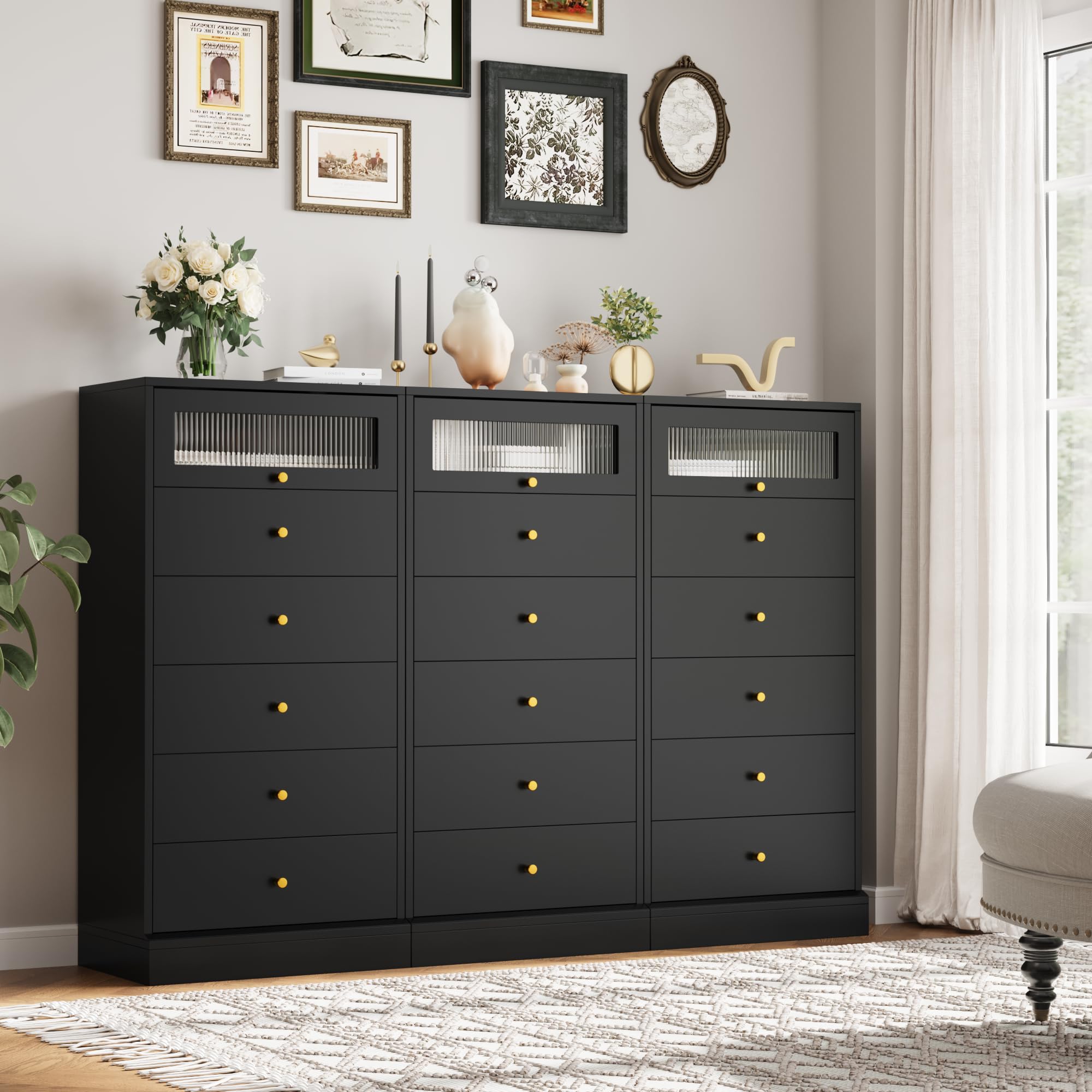 FINETONES 6 Drawer Dresser Black Dresser, 51'' Tall Black Dresser Black and Gold Dresser with Exquisite Glass Door, Modern Dresser Gold Dresser, Thickened Board Sturdy Dresser for Home