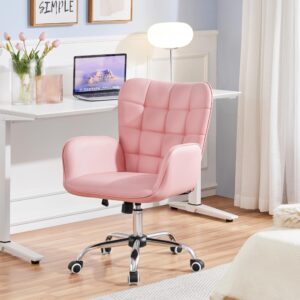 Yaheetech Faux Leather Office Chair Modern Vanity Chair Ergonomic Adjustable Makeup Chair with Padded Armrests Big Seat for Office, Study, Home, Pink