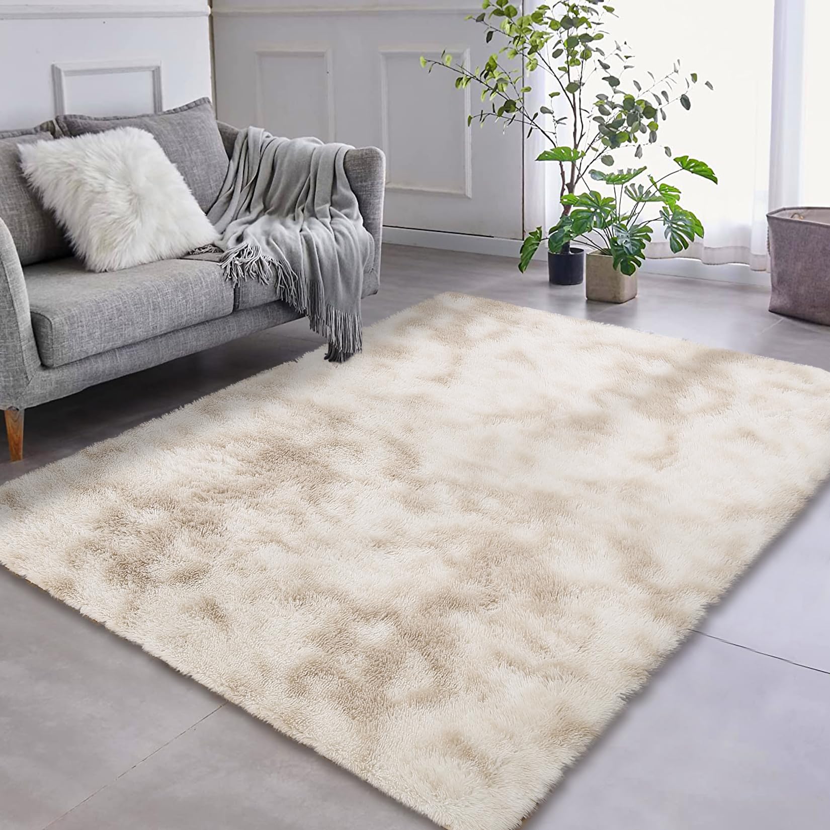 GAOMON 9x12 Fluffy Area Rugs or Bedroom Furry Rug for Living Room, Fuzzy Shag Fur Rug for Nursery Room Tie-Dyed Non-Skid Plush Throw Rug Shaggy Accent Rug for Indoor Home Floor Carpet, Beige/Taupe