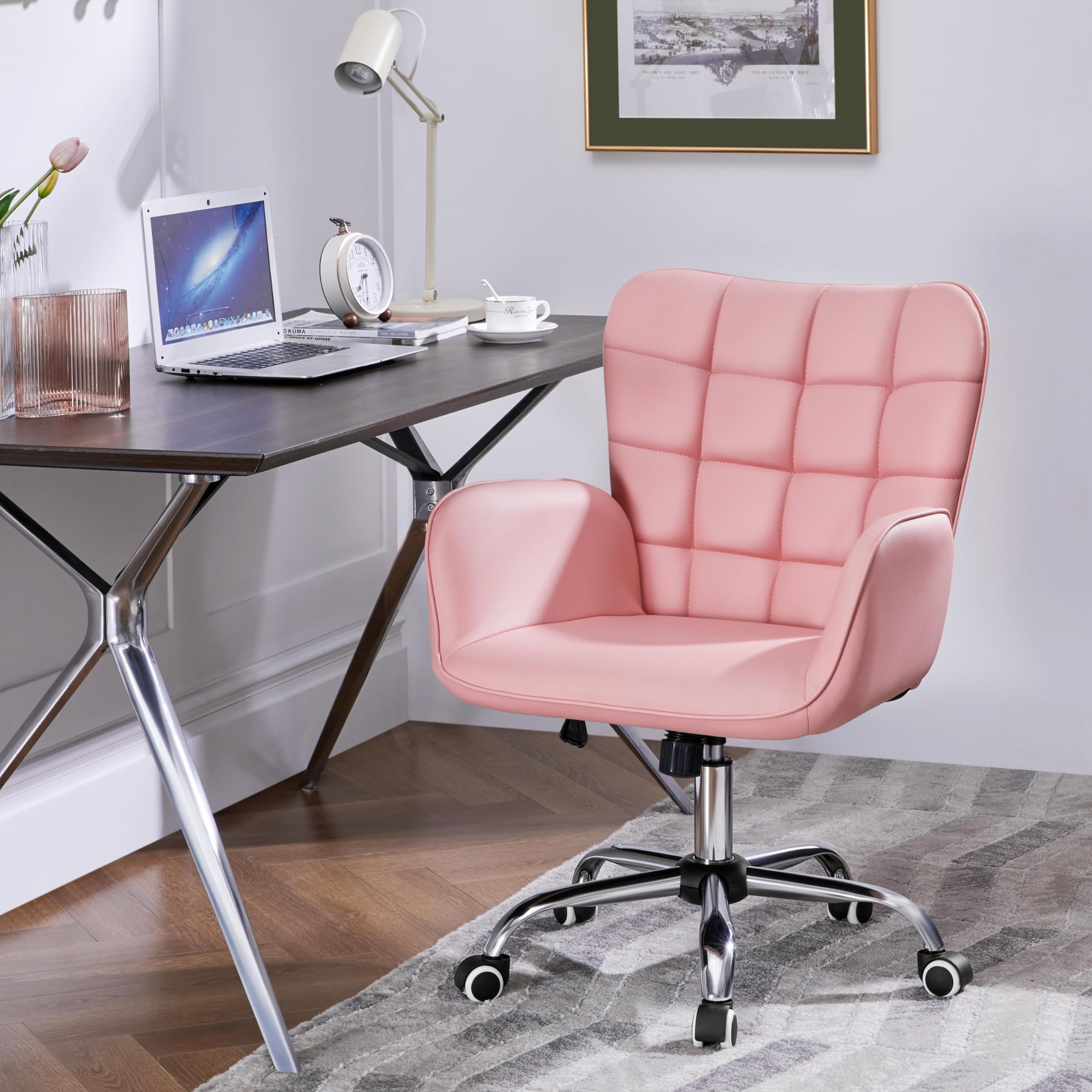 Yaheetech Faux Leather Office Chair Modern Vanity Chair Ergonomic Adjustable Makeup Chair with Padded Armrests Big Seat for Office, Study, Home, Pink