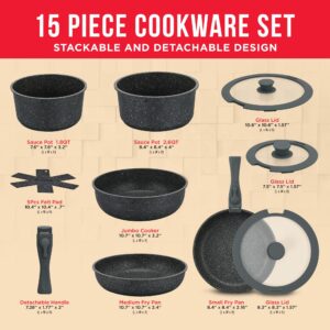 Bakken 15-Piece Non-Stick Cookware Set with Detachable Handles – Granite Stackable Pots and Pans Set, Dishwasher Safe, Oven-Safe, and Compatible Kitchen Essential for All Stoves – Black Granite.