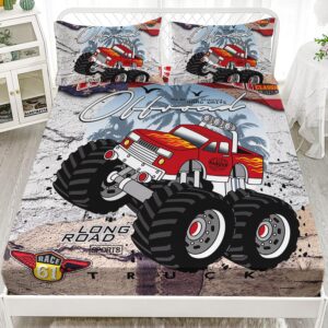 ailonen red trucks fitted sheet twin size, 3d print monster truck bedding set for kids boys teen,american flag bed sheet set,speed race bedsheets set,1 fitted sheet and 2 pillowcases,3 pcs