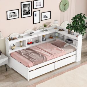 Twin Size Daybed Captain Bed Wooden Day Bed with 2 Drawers and L-Shaped Bookcases, Twin Bed Frame for Kids, Boys, Girls & Teens, No Box Spring Needed, White