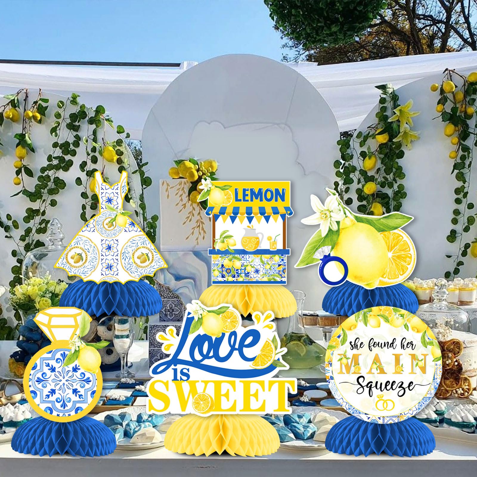 Lemon Bridal Shower Honeycomb Centerpiece, She Found Her Main Squeeze Centerpiece Lemon Centerpiece Table Decorations Blue for Lemon Fruit Bridal Shower Wedding Engagement Bachelorette Party