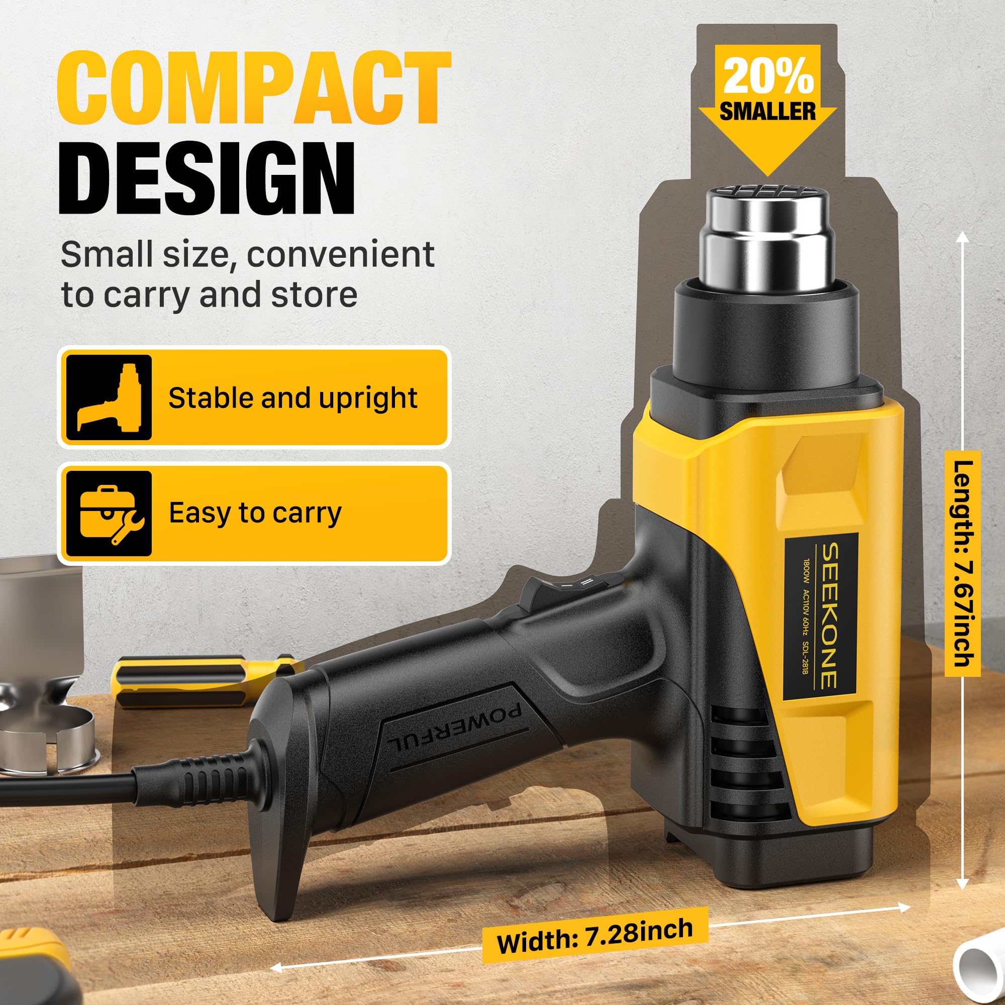 SEEKONE 1800W Heat Gun Compact Design Heavy Duty Hot Air Gun 122℉~1202℉（50℃- 650℃）Variable Temperature Control for 2 Speed Settings with 4 Nozzels for Crafts, Vinyl Wrap, Shrink Tubing