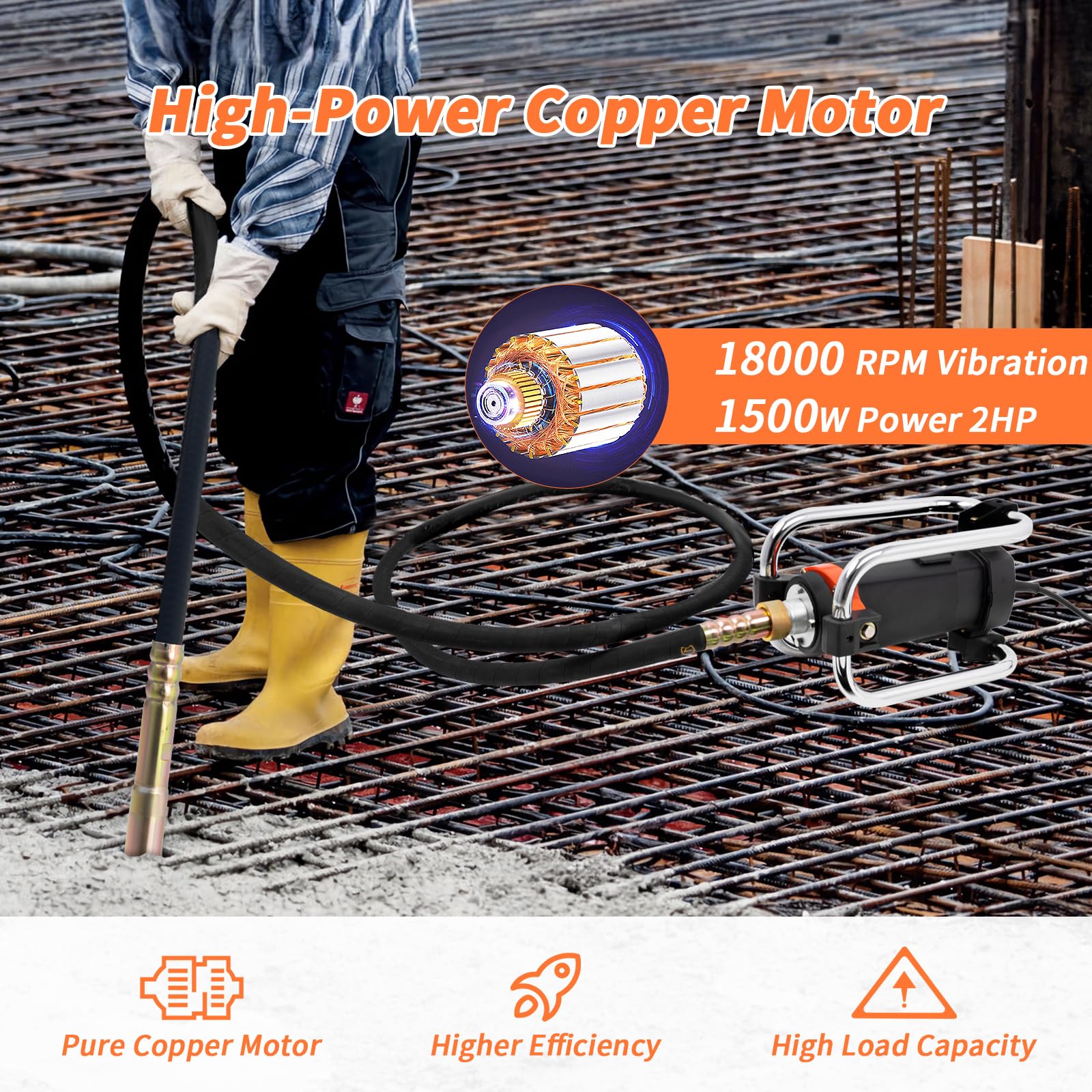 LMYYGOO Electric Concrete Vibrator Handheld, 2HP 1500W 18000RPM Powerful Copper Motor Portable Construction Insertion Cement Concrete Vibrating Tool with 4.5M (14-3/4ft) Long Flexible Shaft