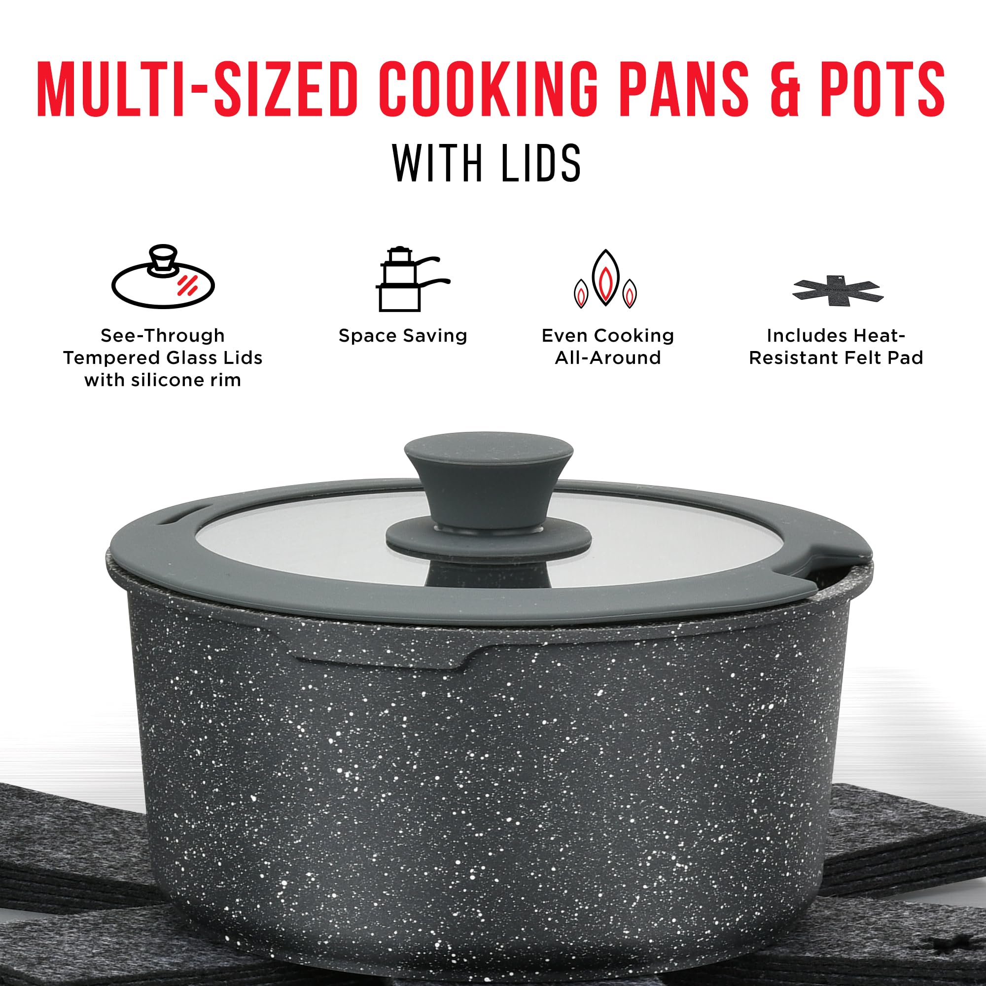 Bakken 15-Piece Non-Stick Cookware Set with Detachable Handles – Granite Stackable Pots and Pans Set, Dishwasher Safe, Oven-Safe, and Compatible Kitchen Essential for All Stoves – Black Granite.