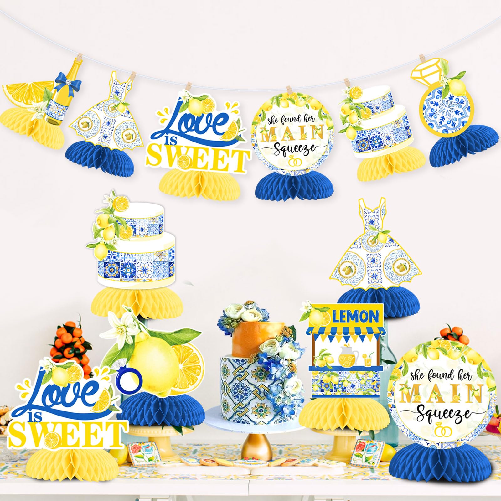 Lemon Bridal Shower Honeycomb Centerpiece, She Found Her Main Squeeze Centerpiece Lemon Centerpiece Table Decorations Blue for Lemon Fruit Bridal Shower Wedding Engagement Bachelorette Party