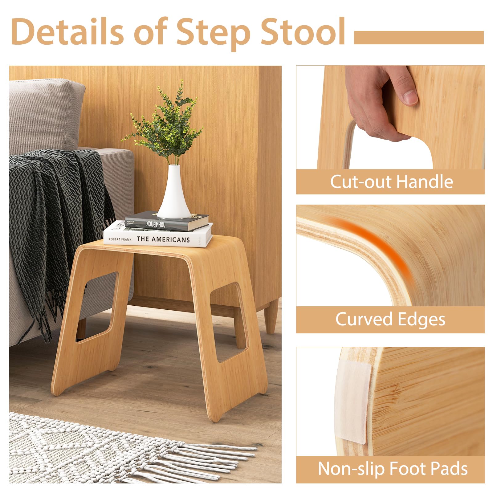 GOFLAME Stackable Bamboo Stools Set of 4, Leisure Seat Stools with Anti-Slip Foot Pads, Heavy Duty Home Shoe Changing Stool, Multifunctional Wooden Step Stool for Living Room, Entryway, Dining Room