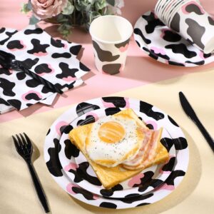 Domensi 350 Pcs Pink Cowgirl Party Supplies Cow Party Tableware Set Serve 50 Cow Print Plates Napkins Cups Cow Theme Party Decoration for Cowgirl Cowboy Farm Animal Cow Theme Birthday Baby Shower