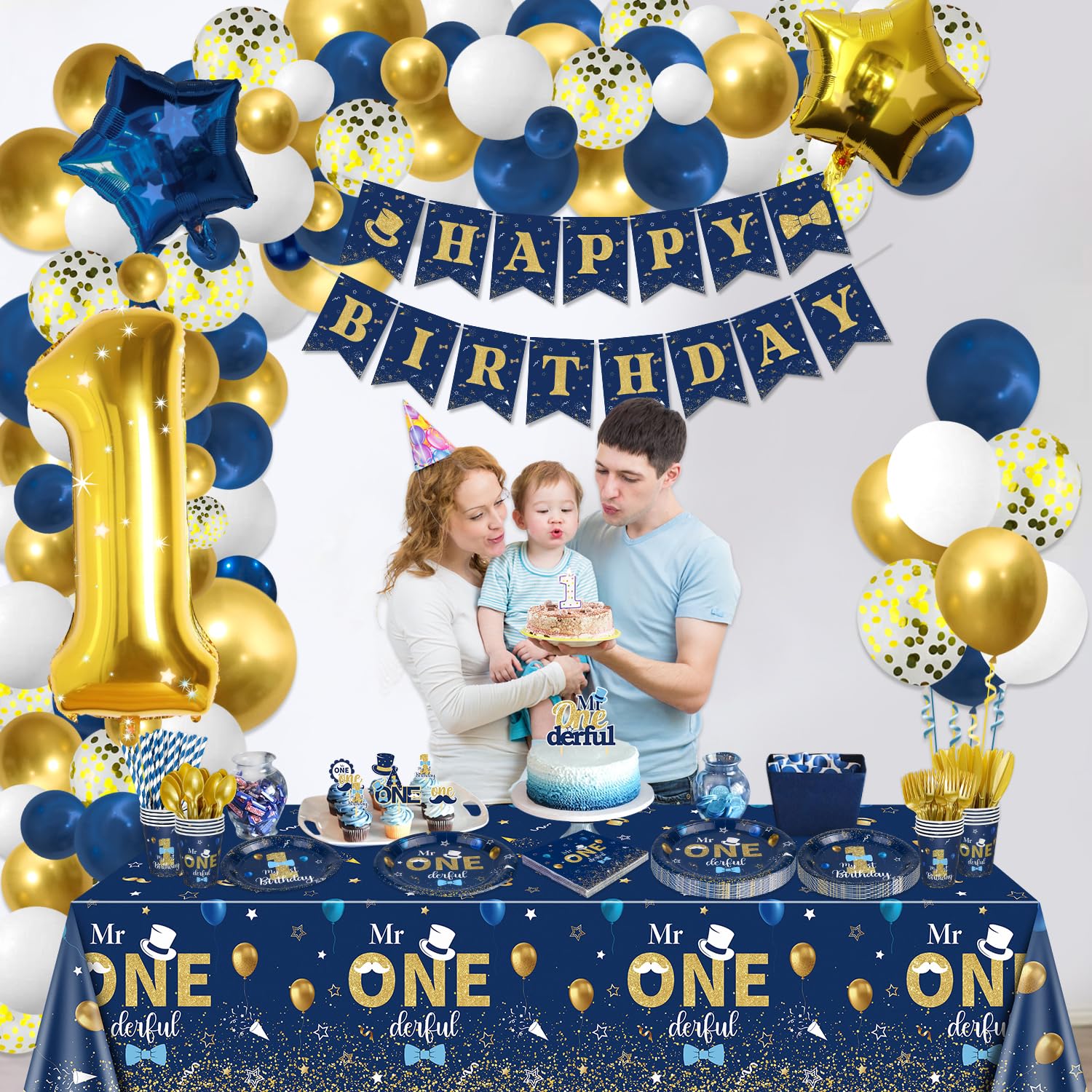 232 PCS Mr Onederful Birthday Decorations - Blue Gold Birthday Plates, Napkins, Cups, Balloons, Birthday Banner, Cake Topper and Tablecloth for Baby Shower 1st Birthday Boy Decorations, Serve 20