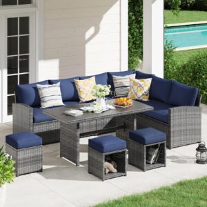 joivi 7 piece patio furniture set, outdoor dining sectional sofa set with aluminum top dining table, rattan dining conversation furniture set with ottomans for deck, backyard, navy blue