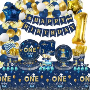 232 pcs mr onederful birthday decorations - blue gold birthday plates, napkins, cups, balloons, birthday banner, cake topper and tablecloth for baby shower 1st birthday boy decorations, serve 20