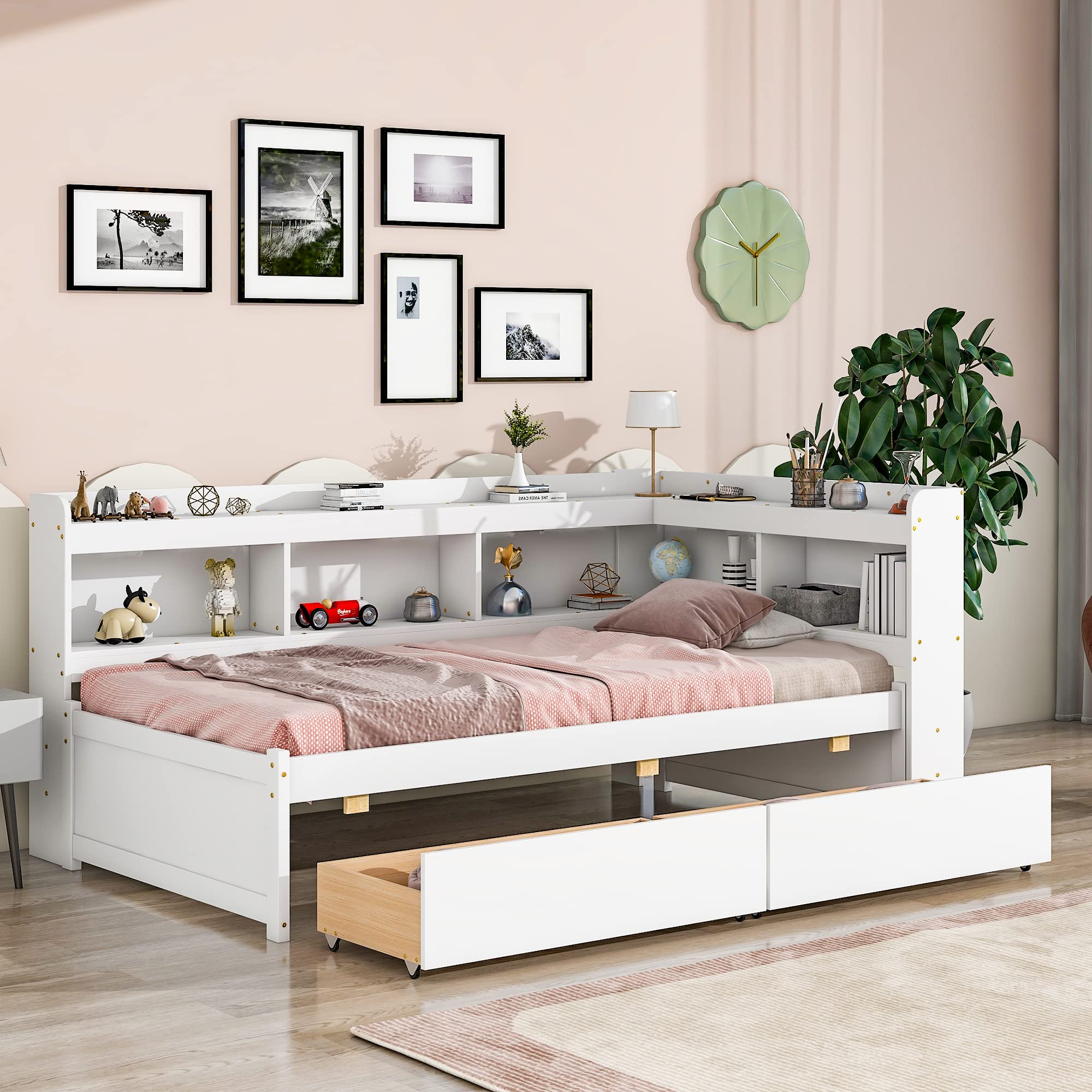 Twin Size Daybed Captain Bed Wooden Day Bed with 2 Drawers and L-Shaped Bookcases, Twin Bed Frame for Kids, Boys, Girls & Teens, No Box Spring Needed, White