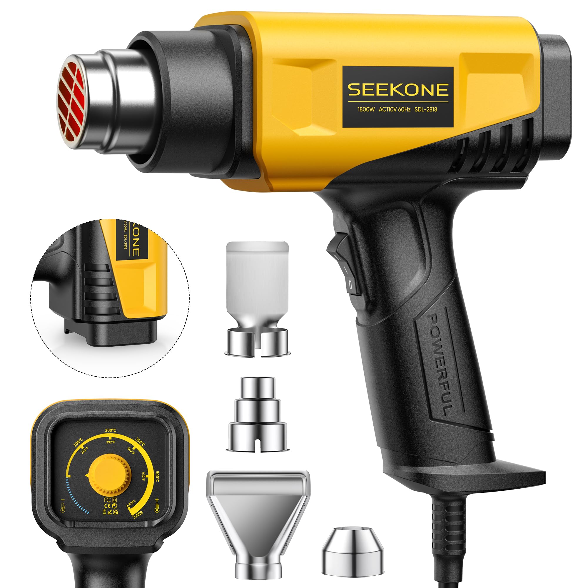 SEEKONE 1800W Heat Gun Compact Design Heavy Duty Hot Air Gun 122℉~1202℉（50℃- 650℃）Variable Temperature Control for 2 Speed Settings with 4 Nozzels for Crafts, Vinyl Wrap, Shrink Tubing