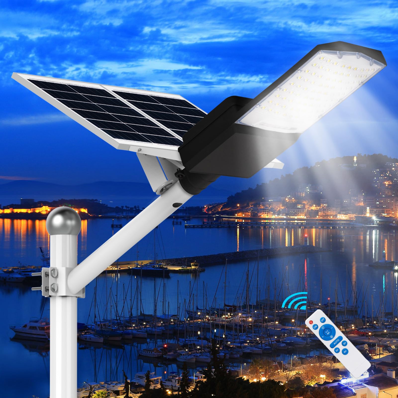 Solar Street Lights Outdoor Solar Parking Lot Lights 40000LM, 6700K LED Solar Lights, Dusk to Dawn, Solar Powered Led Street Light, IP67 Waterproof, Commercial Lighting Grade for Yard Garden, Black