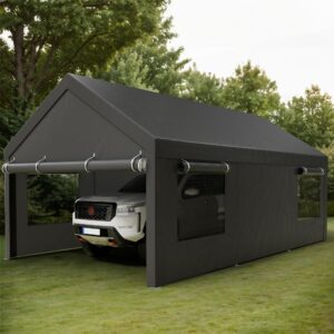 shintenchi 12x18.5ft heavy duty carport, portable garage with removable sidewalls, doors and ventilated windows, all-season tarp for car, uv resistant waterproof carport canopy (grey)