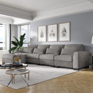 Lonkwa Modern Grey 130'' L-Shape Linen Sofa, 4 Seat Sectional Couch with 4 Pillow, Storage Ottomans, Convertible Sofa Bed for Living Room