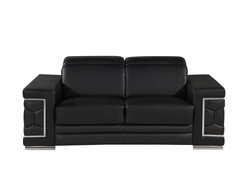 Blackjack Furniture Soren Genuine Leather Upholstered Loveseat with Adjustable Headrests, Solid Brazilian Wood Frame and High Density Foam Cushioning, Black