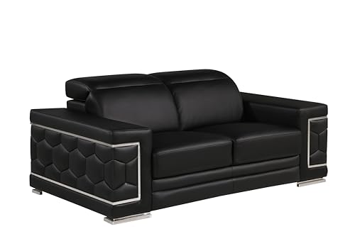 Blackjack Furniture Soren Genuine Leather Upholstered Loveseat with Adjustable Headrests, Solid Brazilian Wood Frame and High Density Foam Cushioning, Black