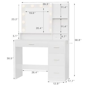 YESHOMY Vanity Desk with Mirror, Power Outlet and 10 Lights, Makeup Table with 4 Drawers, 3 Color Modes Available for Bedroom, White